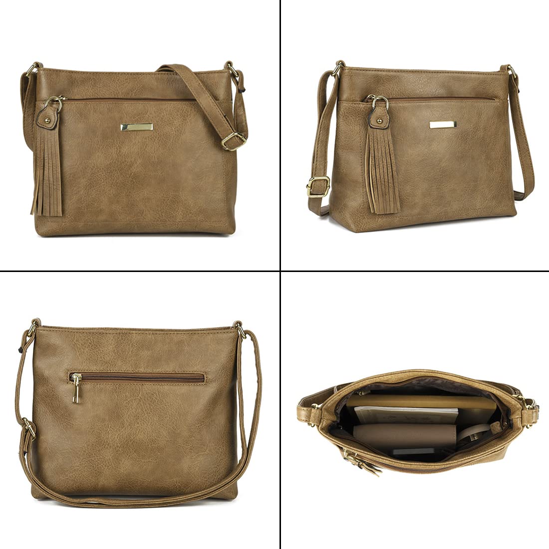 Medium Sized Retro Style Hobo Bag Zipper Shoulder Purse with Tassel Decoration Crossbody Handbag for Women (Brown)