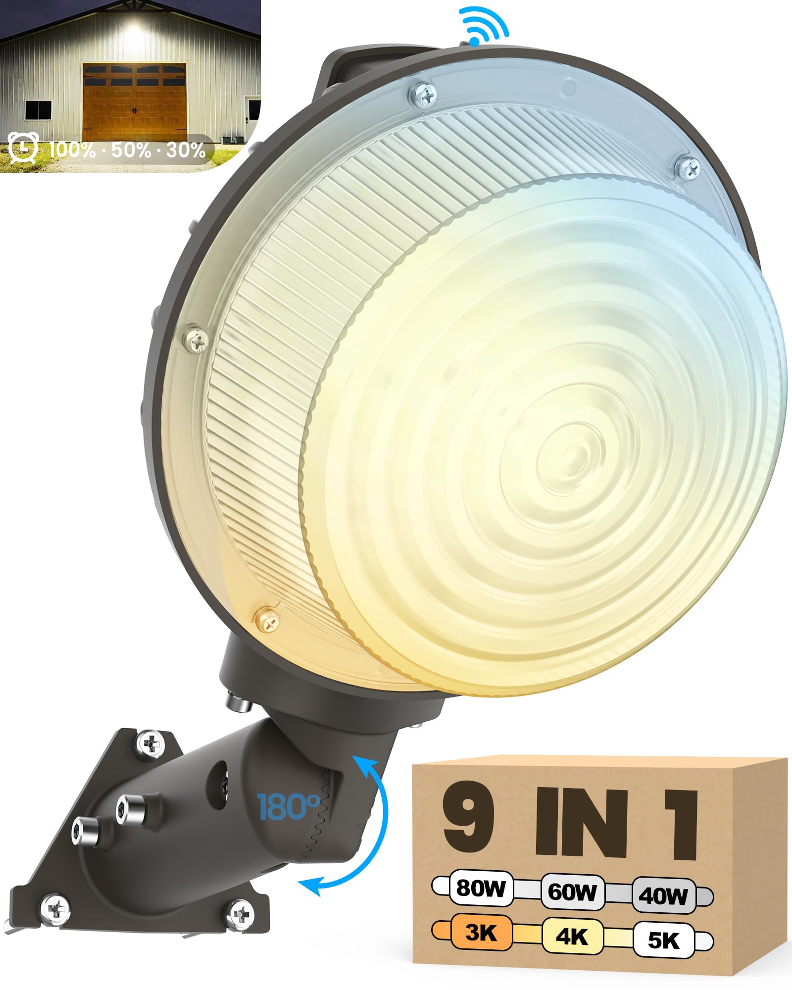 YARBO 80W LED Barn Light 60W 40W Switchable, 5000K/4000K/3000K Adjustable,12000LM Barn Lights Outdoor with Timer Dimming, Dusk to Dawn Outdoor Light with Photocell for Barn/Security/Yard/Garage/Street