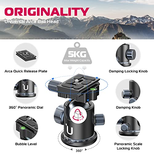 ULANZI MT-61 Professional Camera Tripod, 68.5" Lightweight Carbon Fiber Trabel Tripod with Arca Quick Release 1/4" Screw & 360° Ballhead, for Most Cameras/DSLR/Projector, Weight 3.55lbs, Maxload 33lbs