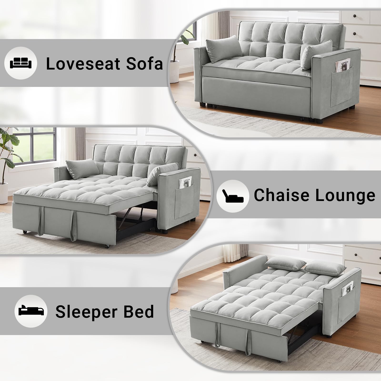 Skepphlay 3 in 1 Convertible Sofa Bed, Pull Out Couch with 3-Level Adjustable Backrest, Sleeper Loveseat Recliner with Storage and Pillows, Velvet Chaise Lounge for Living Room, Grey
