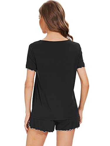 WiWi Bamboo Viscose Pajamas for Women Soft Summer Pajama Short Sets Ruffle Seams Sleepwear Comfy Pleated Pj Set S-XXL, Black, X-Large