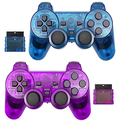 JINHOABF Wireless Controller for PS2,Built-in Dual Vibration 2.4G Gamepad Joystick Compatible for PS2 Controller,with Wireless Receivers (Clear Blue and Clear Purple)