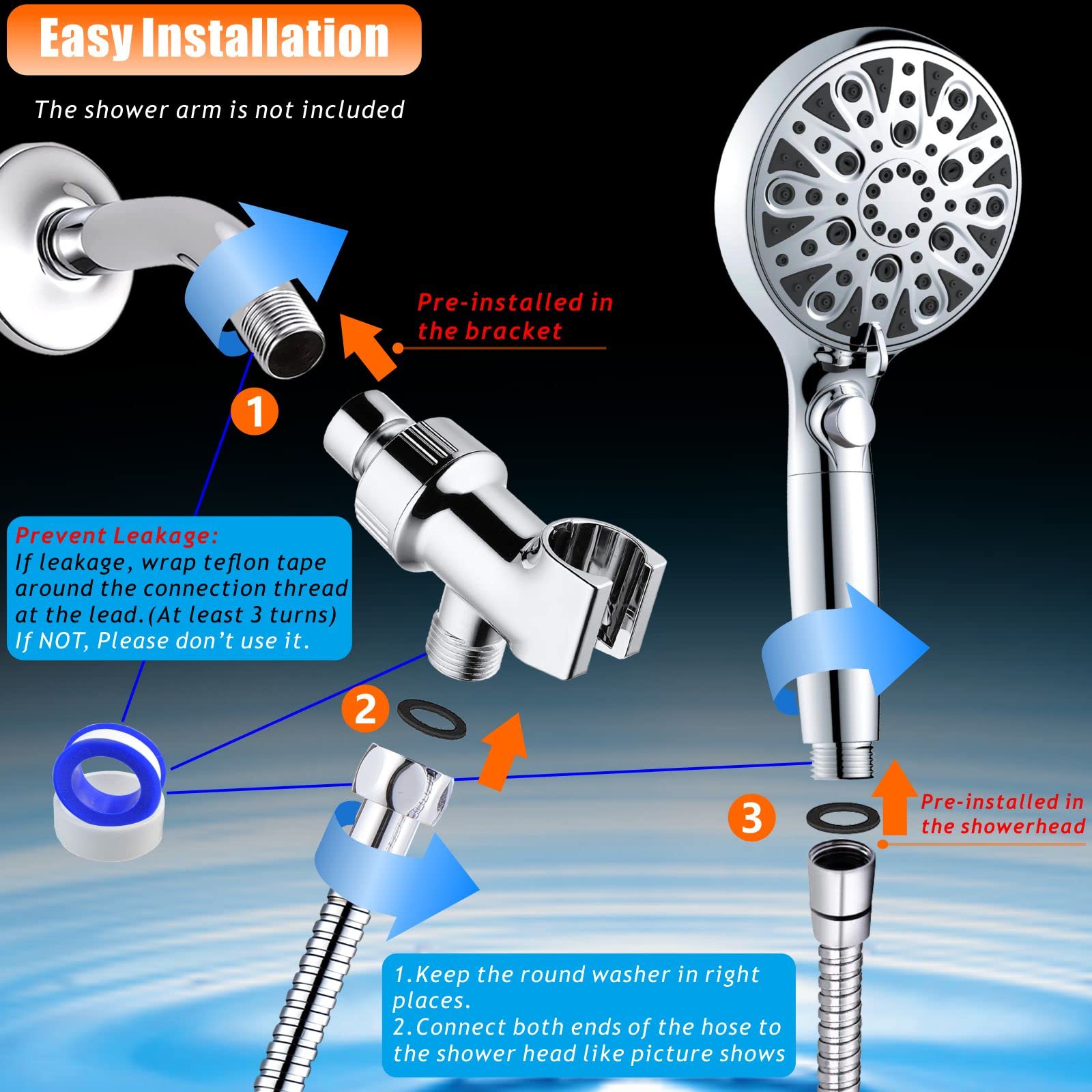 Nuodan Handheld Filtered Shower Head with ON/OFF Pause Switch - High Pressure 10-modes, Built-in Power Wash to Clean Bathroom Tub, Tile or Pets, Stainless Steel Hose, Wall and Overhead Brackets