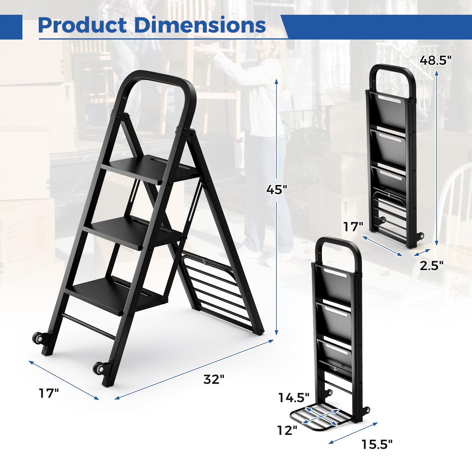 S AFSTAR 2-in-1 Folding Ladder & Hand Truck Combo, 3-Step Step Ladder with Wheels, Convertible Hand Cart with Wide Steps, 550 Max Load, Heavy-Duty Metal Dolly Cart Ladder for Home Office Garage