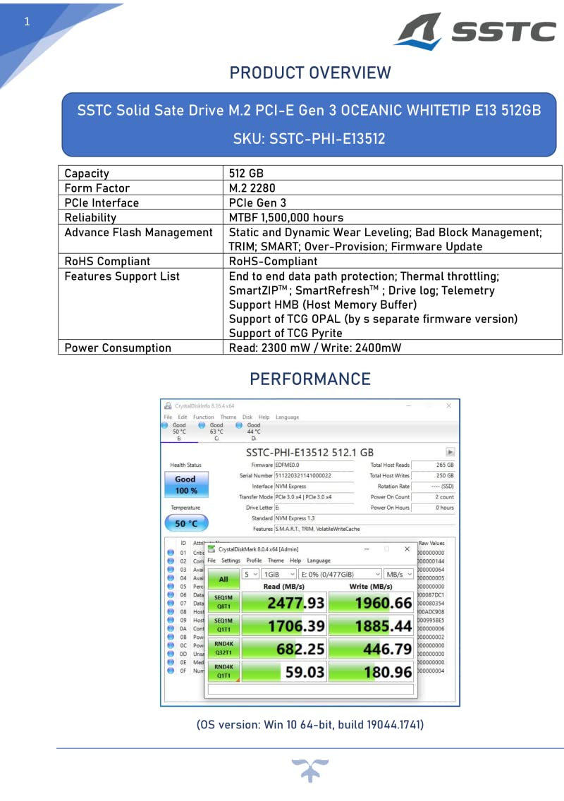 SSTC Oceanic Whitetip 512GB M2 Gen3x4 Internal SSD (SSTC-PHI-E13512)