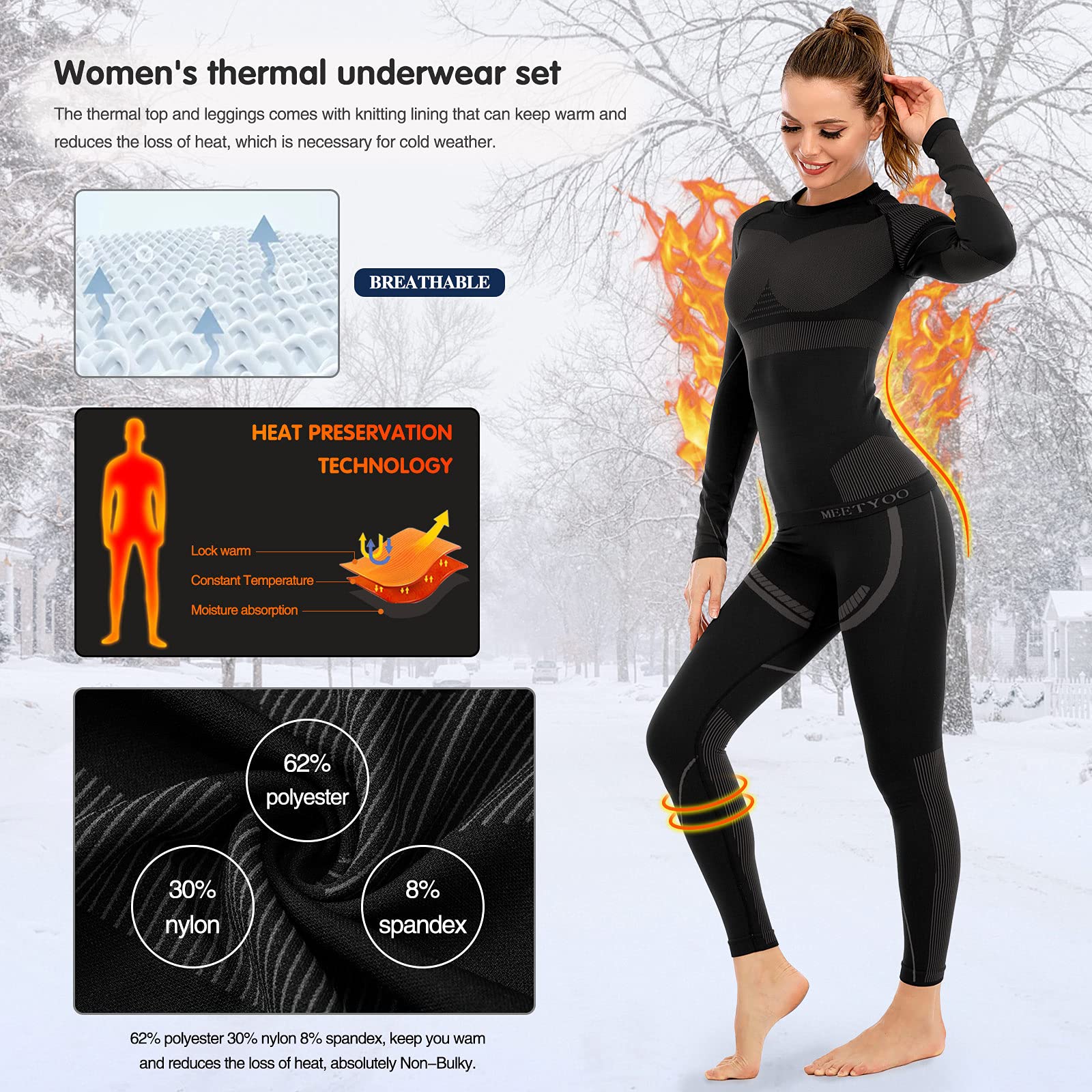 MEETYOO Women's Thermal Sets Winter Warm Base Layer Sport Long Top Bottom Cold Weather Gear Skiing Running Underwear, Gray, Small