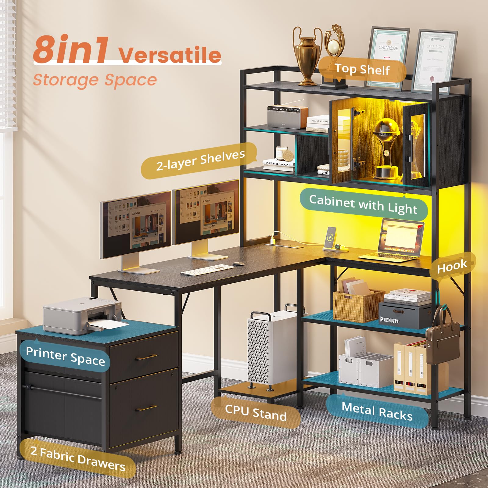 UPOSOJA L Shaped Gaming Desk with Hutch, Reversible Computer Desk with Drawers, Storage Shelves & Pegboard, Modern Home Office Desks with LED Lights & Power Outlet, Corner Desk Black