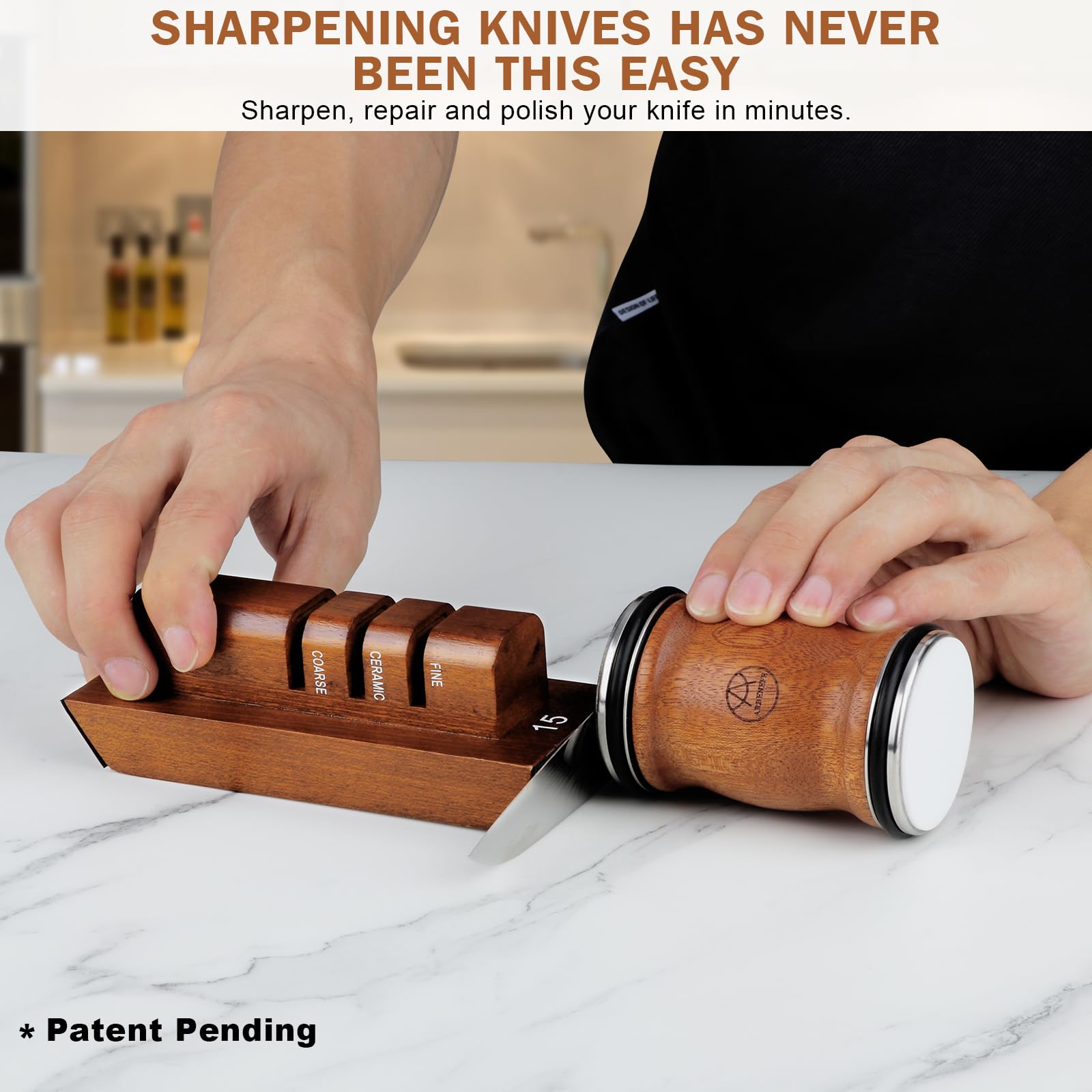 Rolling Knife Sharpener Tool Kit, 5-in-1 Knife Sharpening for Steel of any Hardness, Magnetic Base with Two Fixed Angles - 15°&20°,Wooden Roller with Diamond and Ceramic Discs
