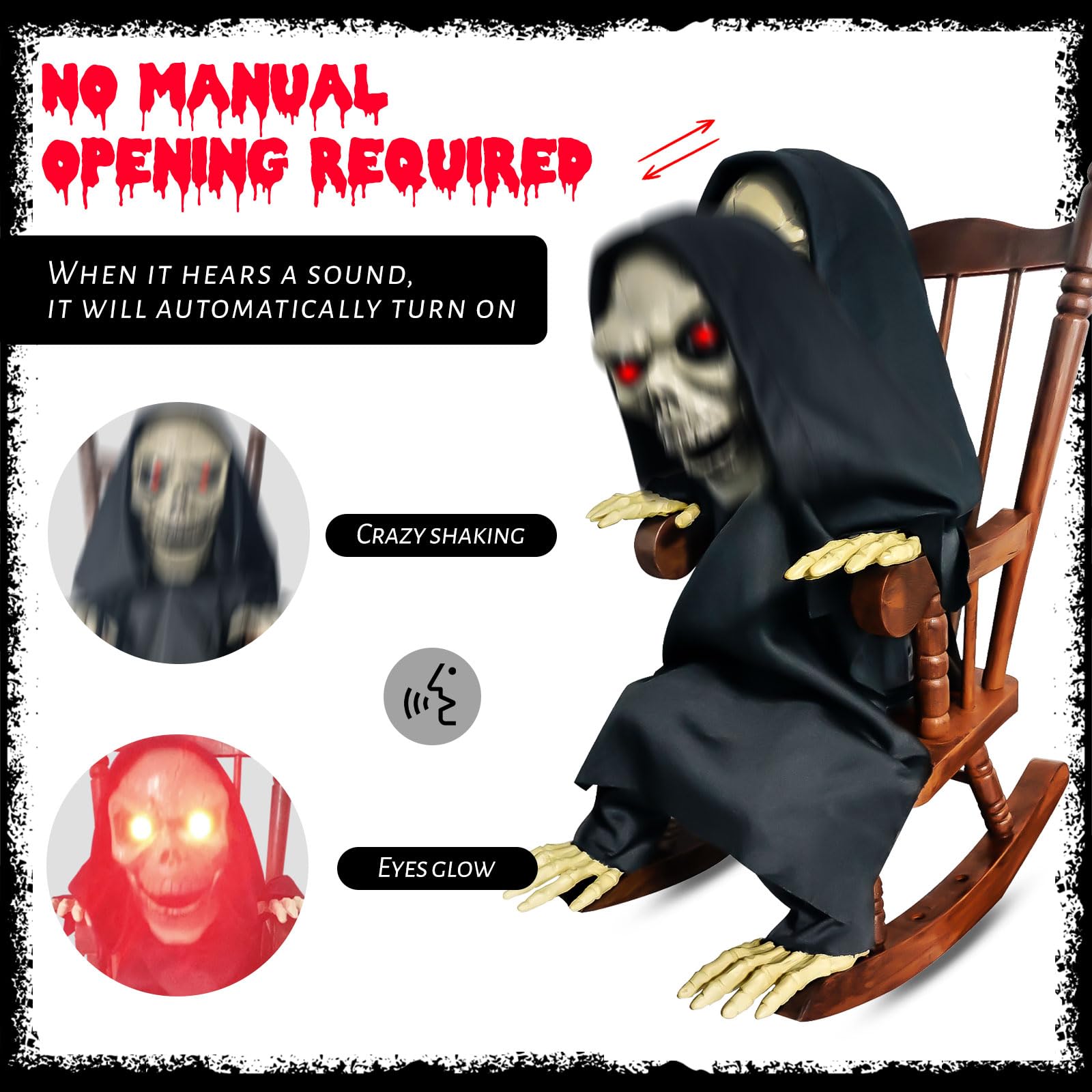 YIGORN Screaming Animated Halloween Decorations, Halloween Decor Prop with Motion Sensor, Cary Skeletons Sitting in Rocking Chairs Decorate Haunted Houses, Rocking Chair Grim Reaper