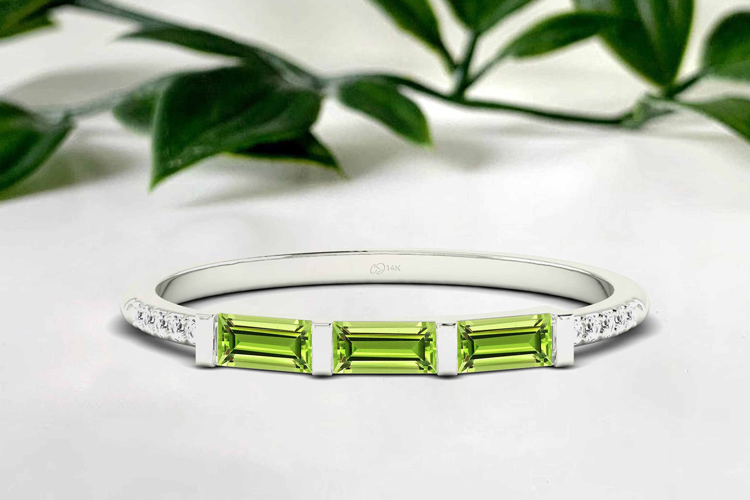 mirahi by chordia jewels Peridot Baguette Stackable Ring, Diamond Dainty Ring for Her, 14k White Gold Wedding Ring, Daily Wear Ring