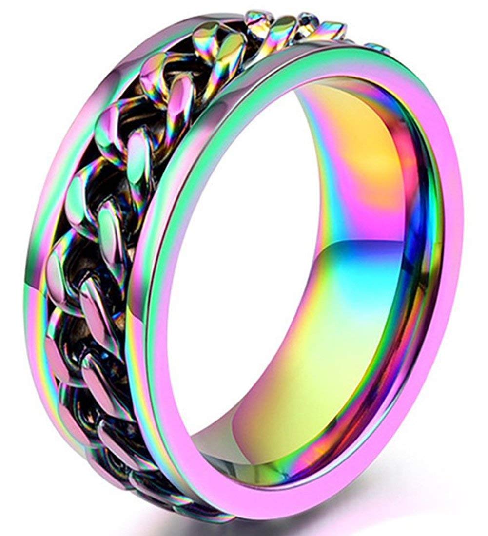 JAJAFOOK Jewelry 8mm Colorful Chain Design Stainless Steel Spins Rings for Unisex Wedding Bands Ring