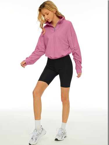 Trendy Queen Half Zip Pullover Womens Sweatshirts Cropped Hoodies Quarter Zip Long Sleeve Fall Outfits Fashion Clothes 2023 Pink