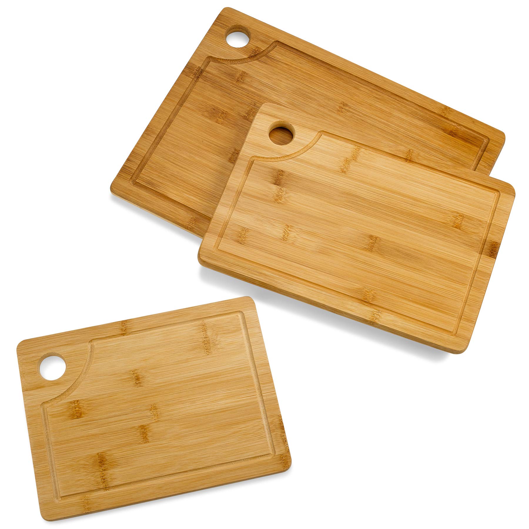 Premium Bamboo Cutting and Serving Boards Set of 3 (Large 12x16, Medium 9x13 and Small 8x11) Kitchen Wood Chopping Boards with Juice Grooves.