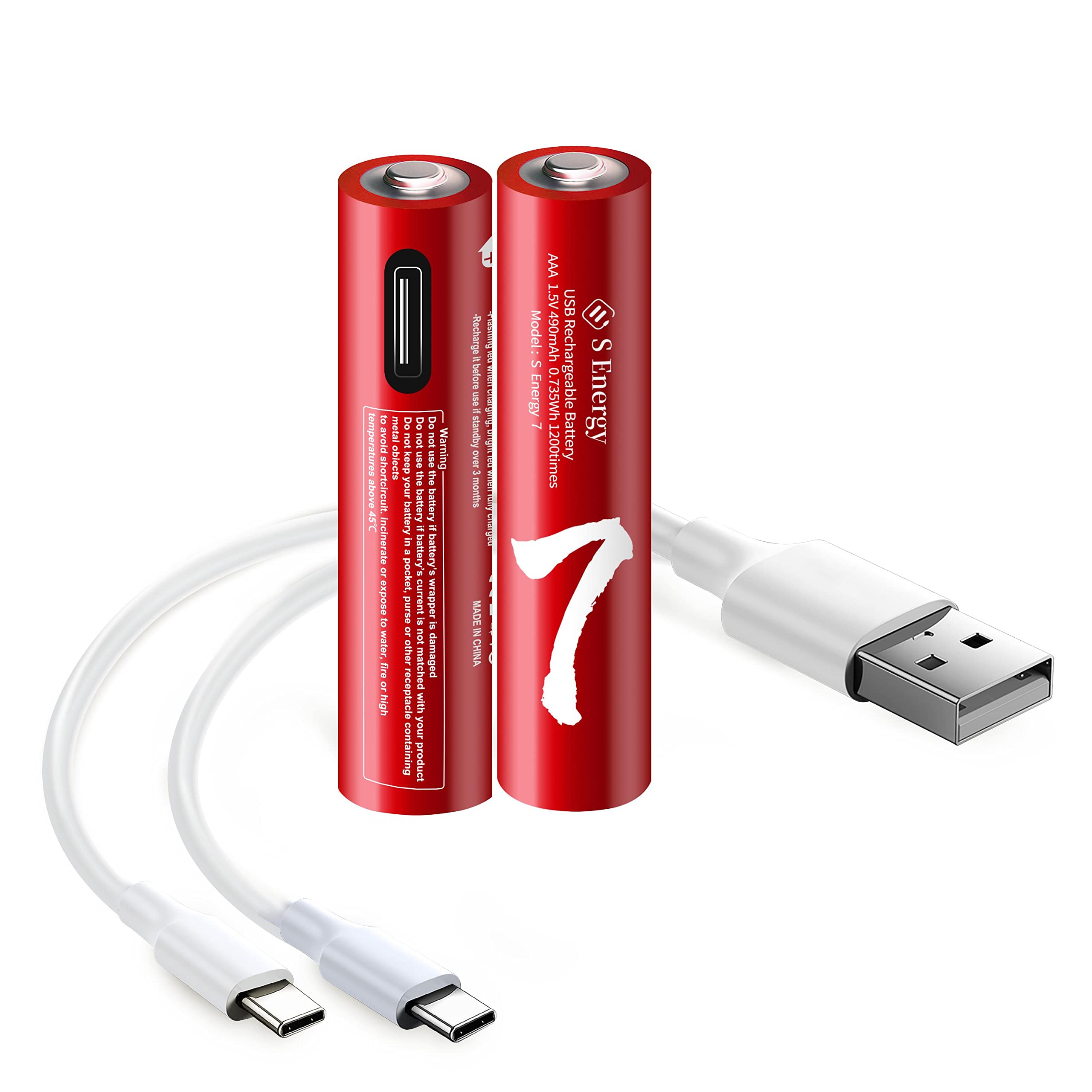 S Energy USB Rechargeable AAA Batteries, High Capacity Lithium Polymer 1.5V 490mAh Battery, 1.5 H Fast Charge, 1200 Cycle with Type C Port Cable, Constant Output2-Pack