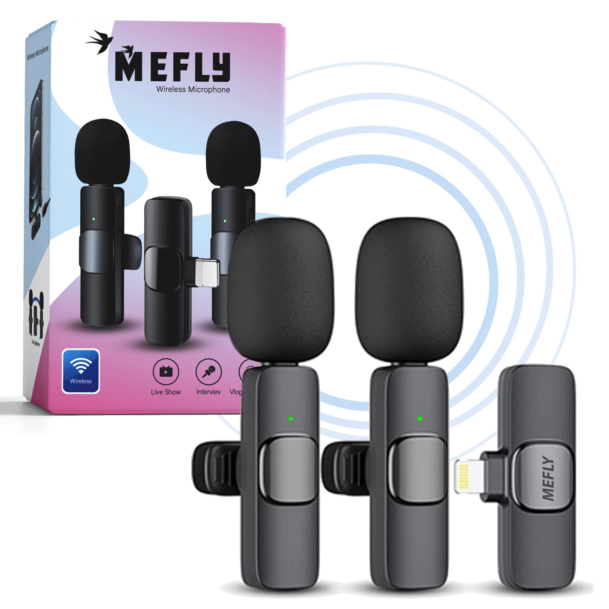 MEFLY Wireless Microphone for iPhone - 2 PCS, Plug & Play, Lavalier Lapel Microphone with Noise Reduction, 5H Long Working Time, 2.4G Ultra-Low Delay, Up to 65ft Indoor/Outdoor Range