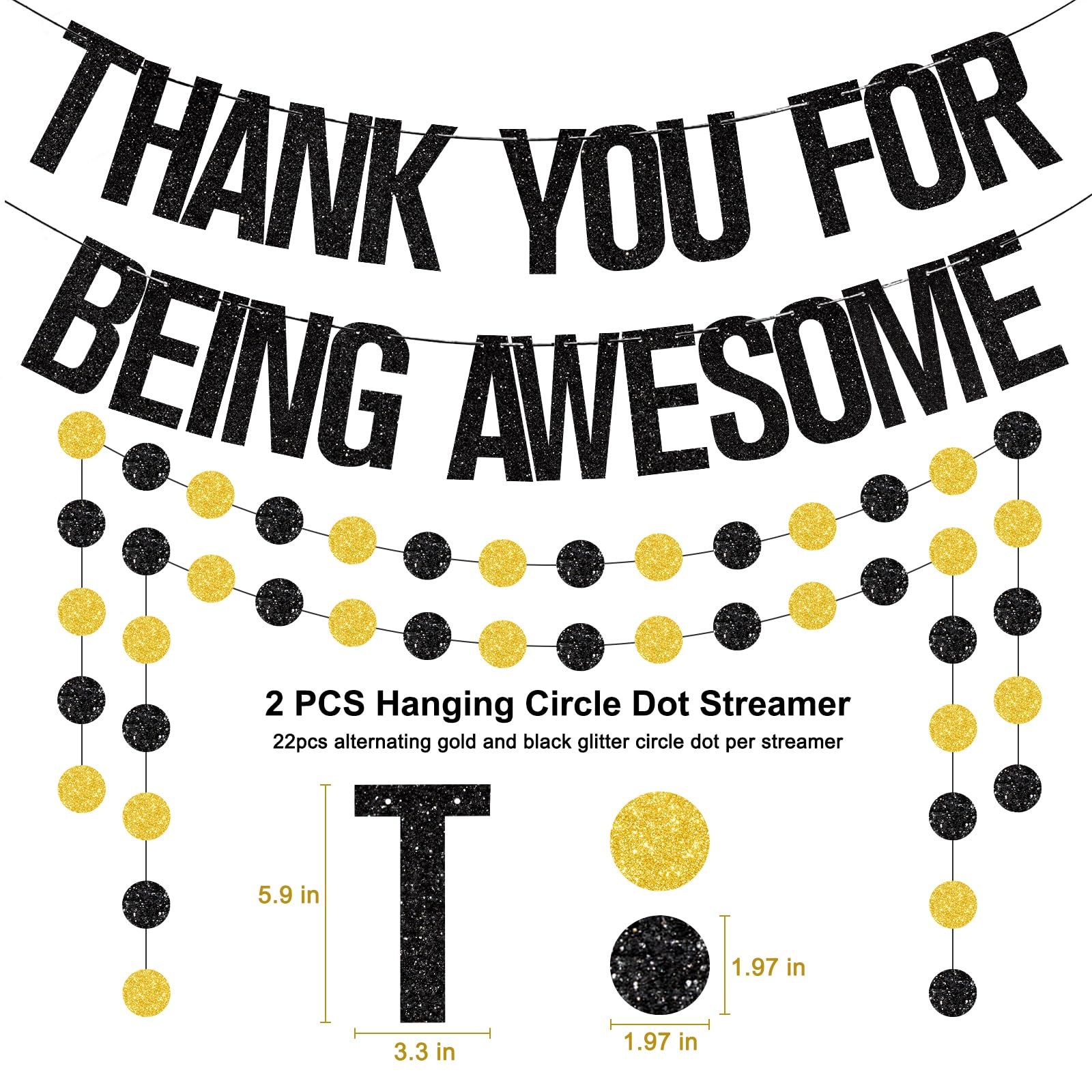 Thank You for Being Awesome Banner, Black Glitter Banner Party Decorations with 2pcs 6.6FT Hanging Circle Dot Garland Streamer for Graduation Retirement Farewell Going Away Office Work Goodbye Party