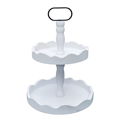 White Wood Two-Tier Tray with Metal Handle, Rustic Decorative Two Tiered Stand,Farmhouse 2 Tier Serving Tray for Kitchen Counter, Coffee Bar, Dining Room Table