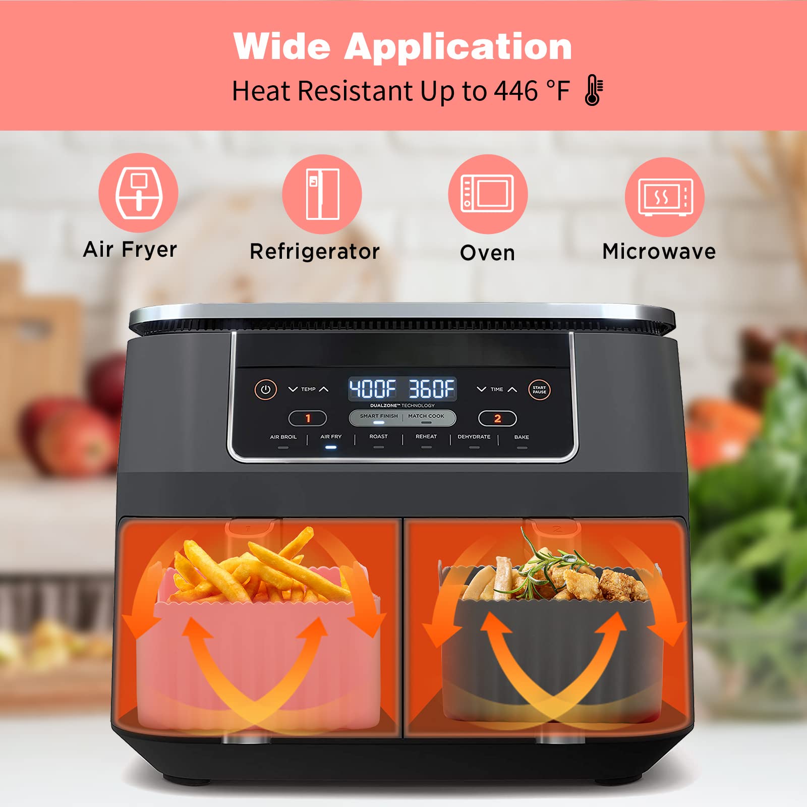 OUTXE 2-Pack Square Silicone Air Fryer Liners 8 inch for 4 to 7 QT, OUTXE 2-Pack Dual Air fryer Silicone Liners for 8 to 10 QT Ninja DZ201/ DZ401