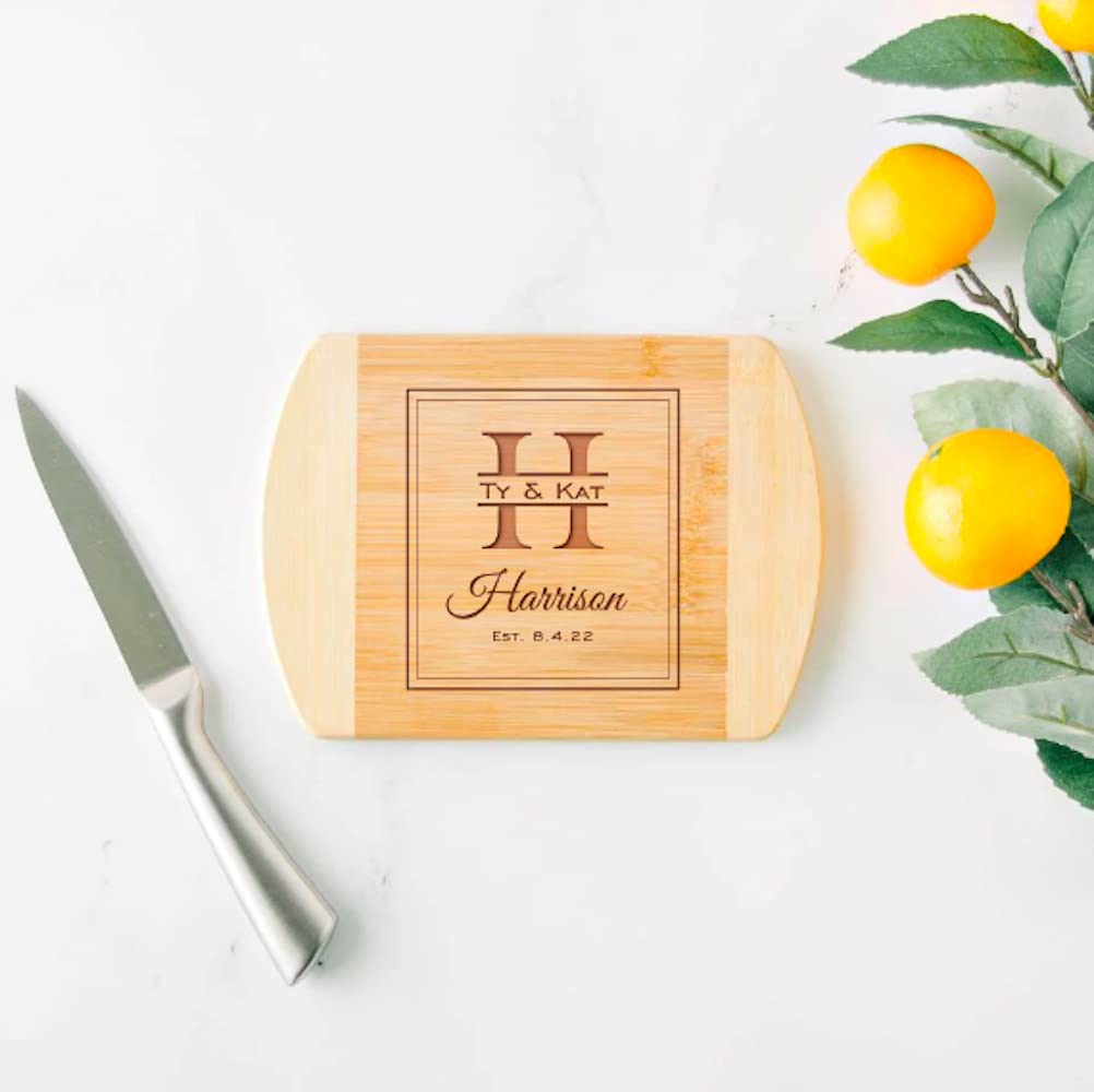 Personalized Wedding Gift for Couples - Engraved Bamboo Cutting Board - Engagement Gifts or Bride to Be Gifts - Mr & Mrs Gift (6x8 Two Tone Rounded, Harrison Design)
