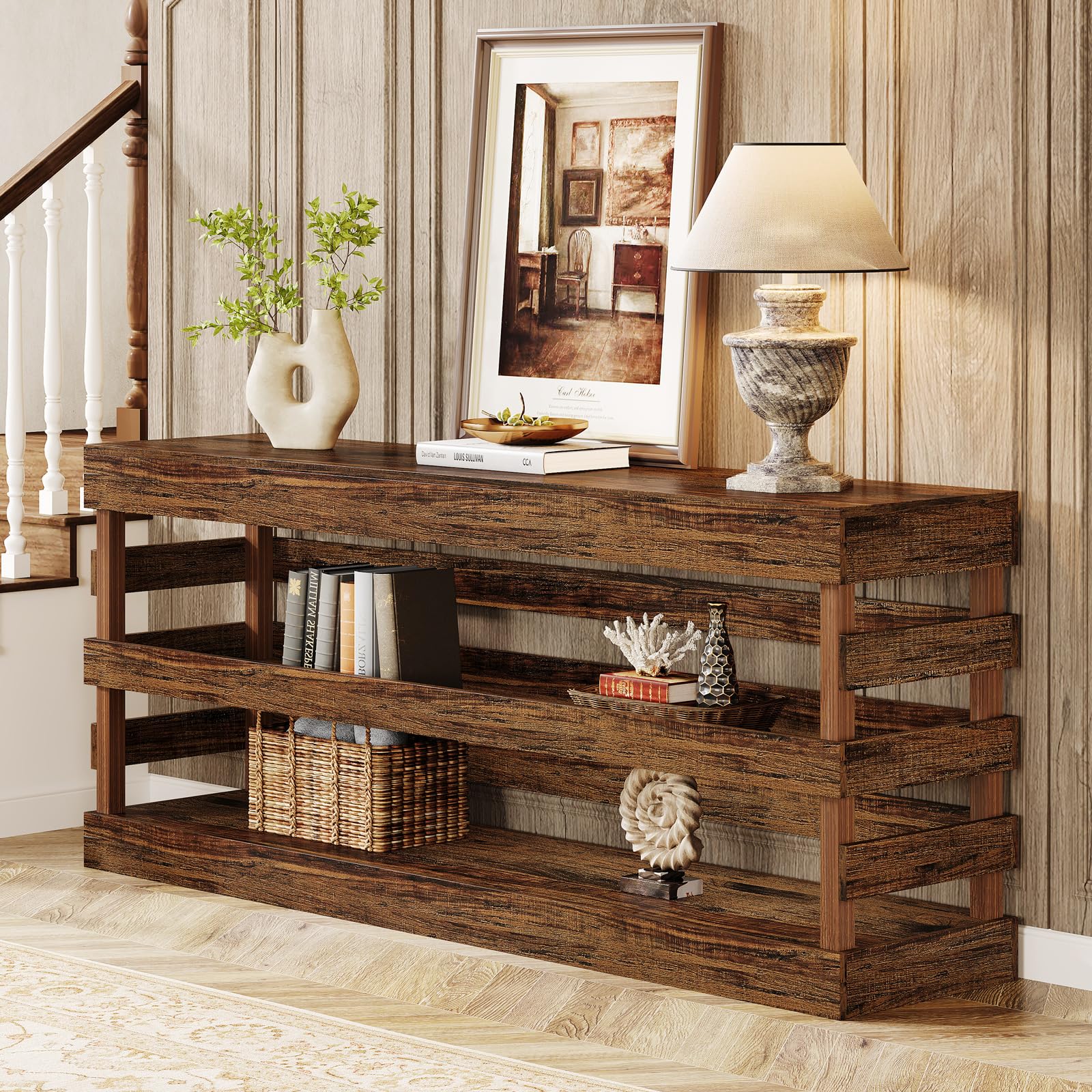 Tribesigns 70.9-Inch Extra Long Console Table, Farmhouse Entryway Table with 3-Tier Storage Shelf, Narrow Sofa Table Behind Couch, Wood Console Table for Living Room, Hallwahy, Foyer