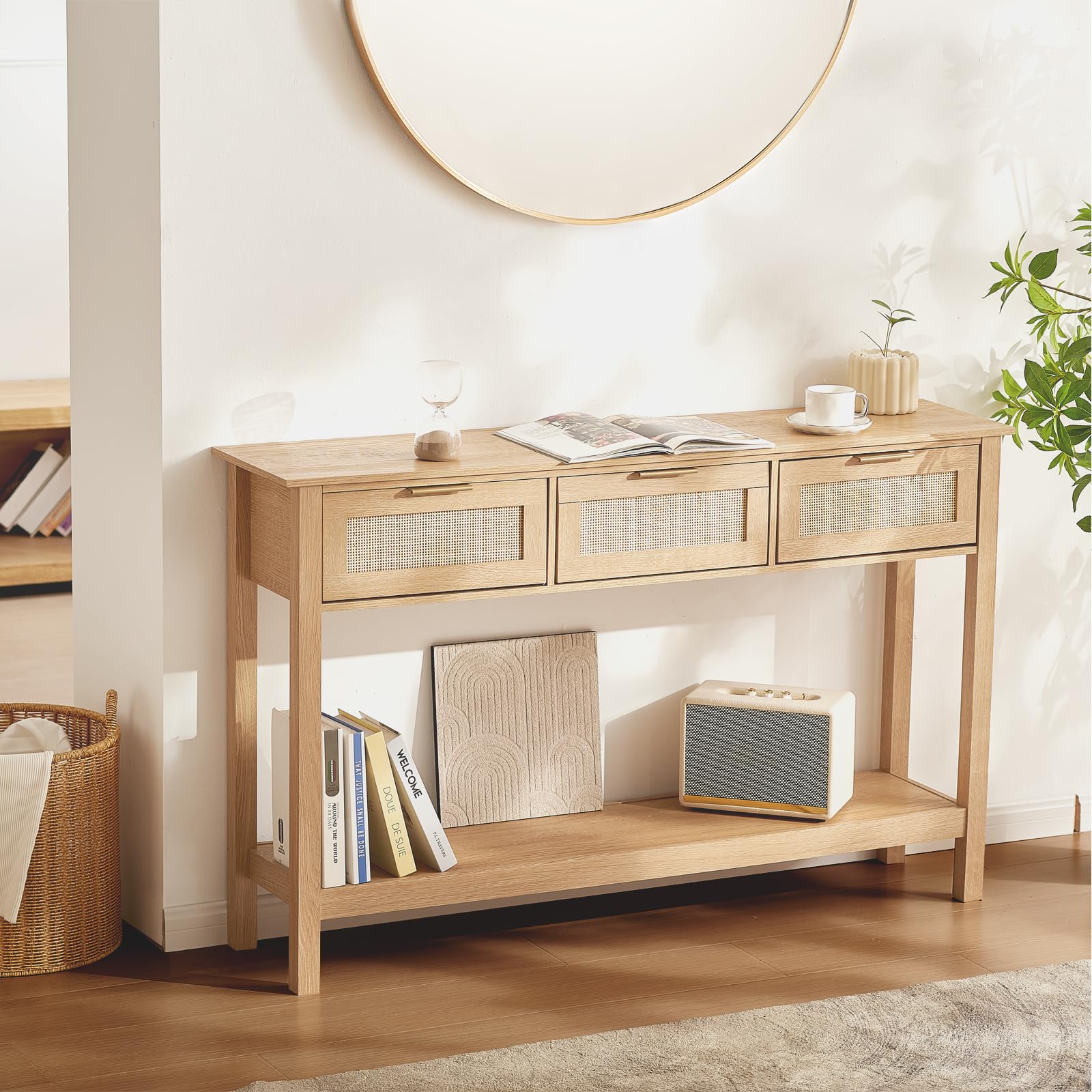 VEVOR Rattan Console Table with 3 Storage Drawers, Rattan Entryway Table with Natural Rattan Sliding Door, Console Sofa Table for Living Room, Study, Entryway Or TV Wall, Natural