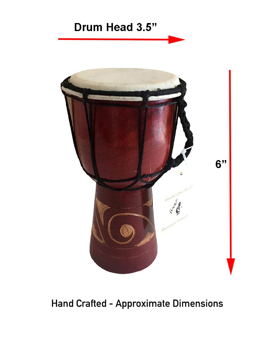 JIVE Djembe Drum African Bongo Congo Hand Drum Damaru For Kids Adults Aboriginal Dot/Carved Design Goat Skin SOLID Wood - (6" High - Painted/Carved) - NOT MADE IN CHINA