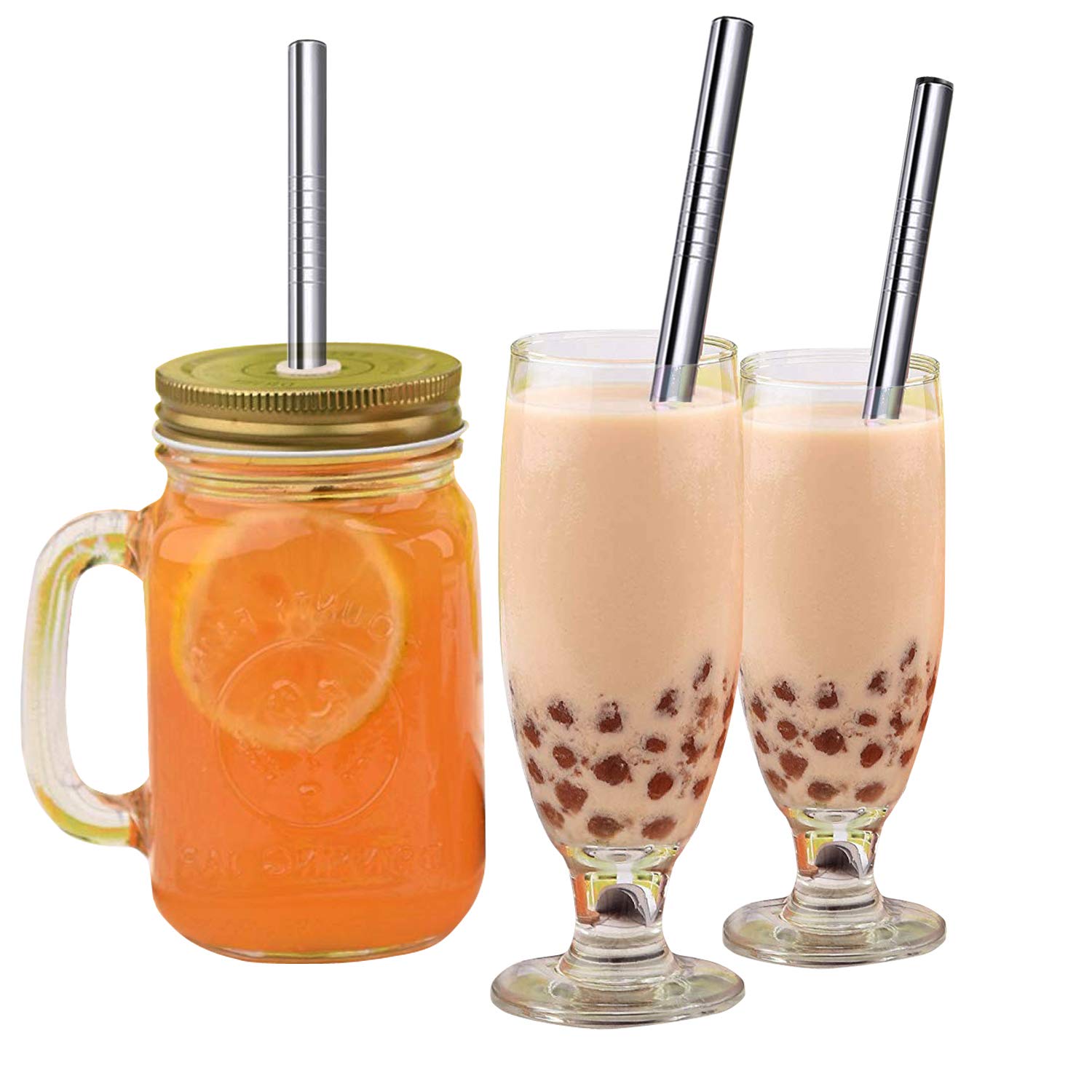 NEWORLD Reusable Stainless Steel Wide Boba Drinking Straws Fat Straws Smoothie/Bubble Tea/Milkshakes Straws with 2 Cleaning Brush & Carry Bag 12mm/0.5" Wide