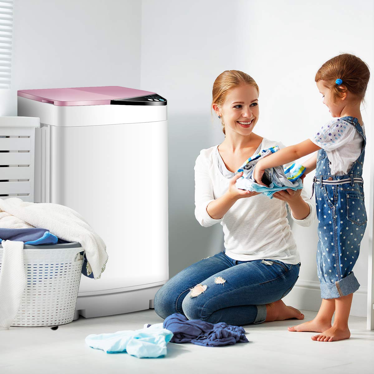 SAFEPLUS Full-Automatic Portable Washing Machines, 7.7 lbs Load Capacity Mini Washer Machine with Spin and Built in Barrel Light for Dorms Apartments RV and Camping（Pink)