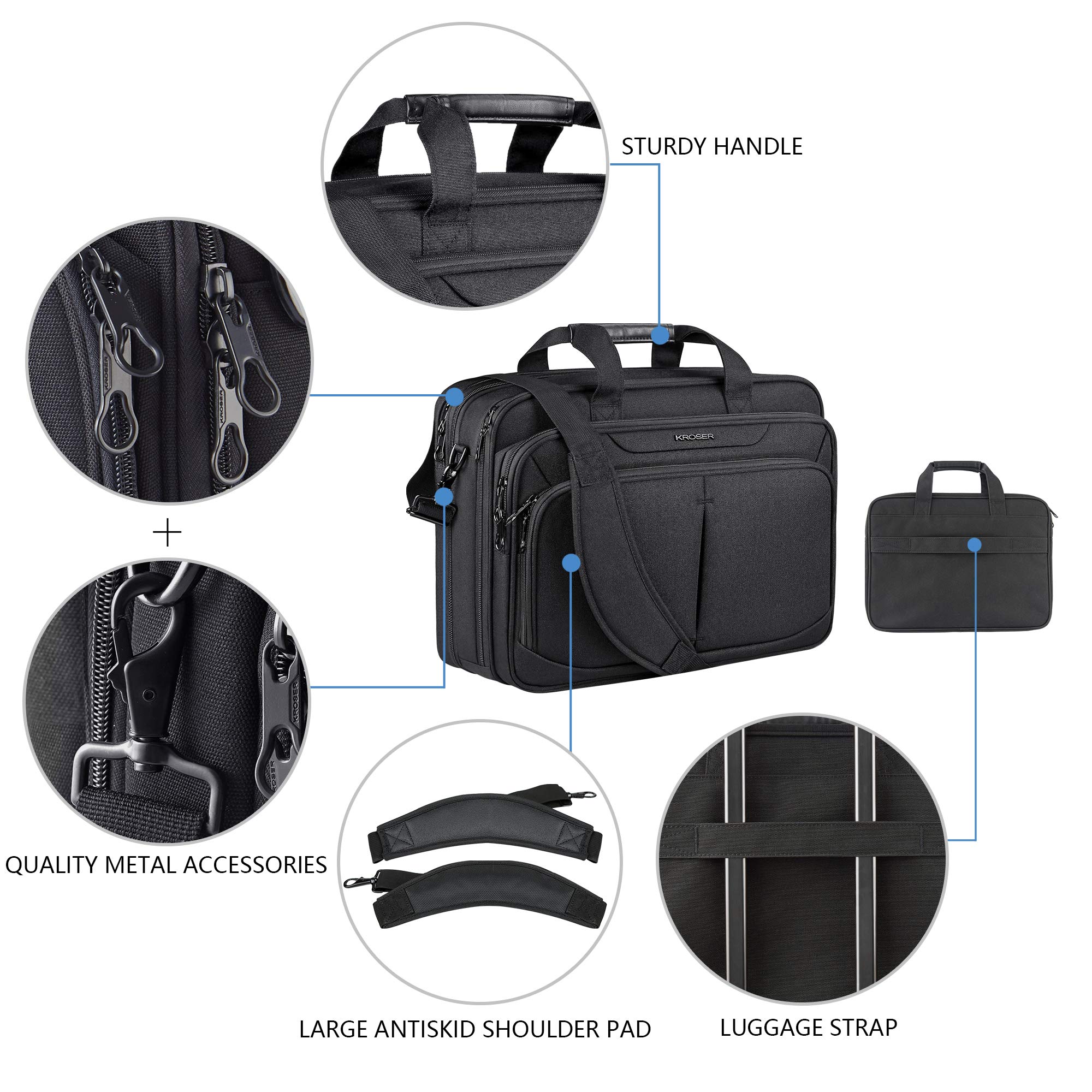 KROSER Laptop Bag Expandable Lightweight Briefcase for 17.3" Laptop Premium Business Work Bag Water-Repellent Messenger Bag with RFID Pockets for Travel/Women/Men-Black