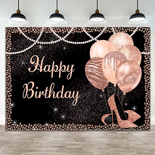 Wollmix Rose Gold Happy Birthday Decorations for Women Banner Backdrop 7x5ft Party Sweet 16 Girls Balloons Glitter Dots High Heels Photography Background Supplies Photo Booth Studio Cake Table