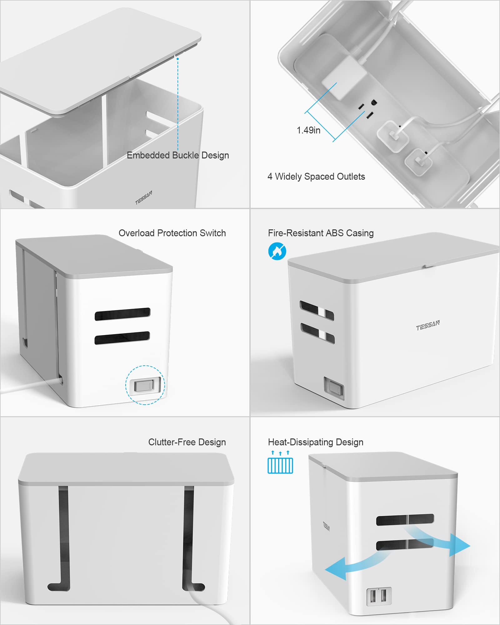 Power Strip with Cable Management Box, TESSAN 5 ft Flat Plug Extension Cord, 4 Outlets 2 USB Ports with Overload Switch, Mountable White Power Cord Organizer Charging Station for Dorm, Office, Home