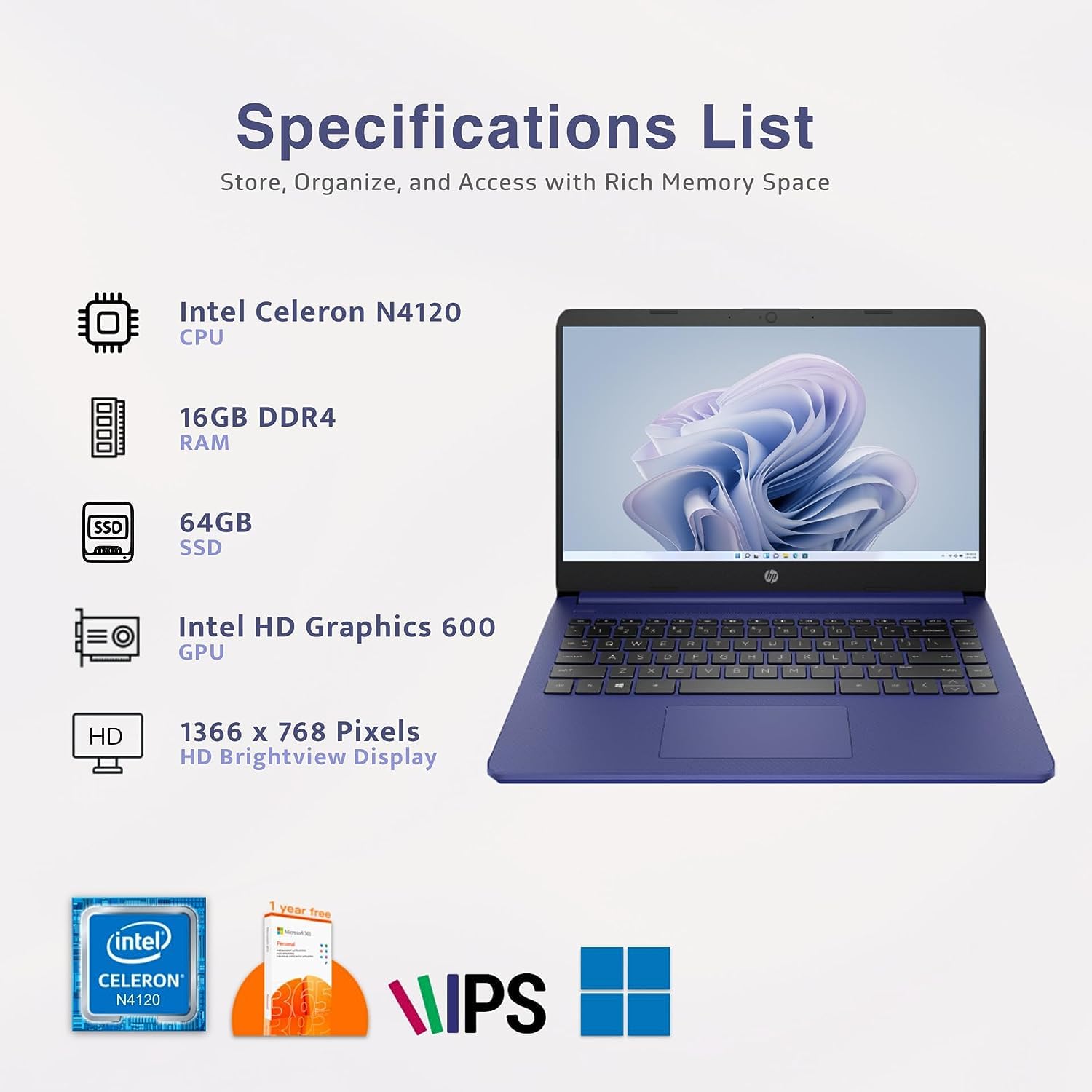 HP 2023 Newest Stream Laptop, 14" Display, Intel Celeron N4120, 4GB RAM, 64GB eMMC, Intel UHD Graphics 600, Wi-Fi, Bluetooth, Webcam, 1 Year Office 365, Windows 11 Home in S Mode, Blue