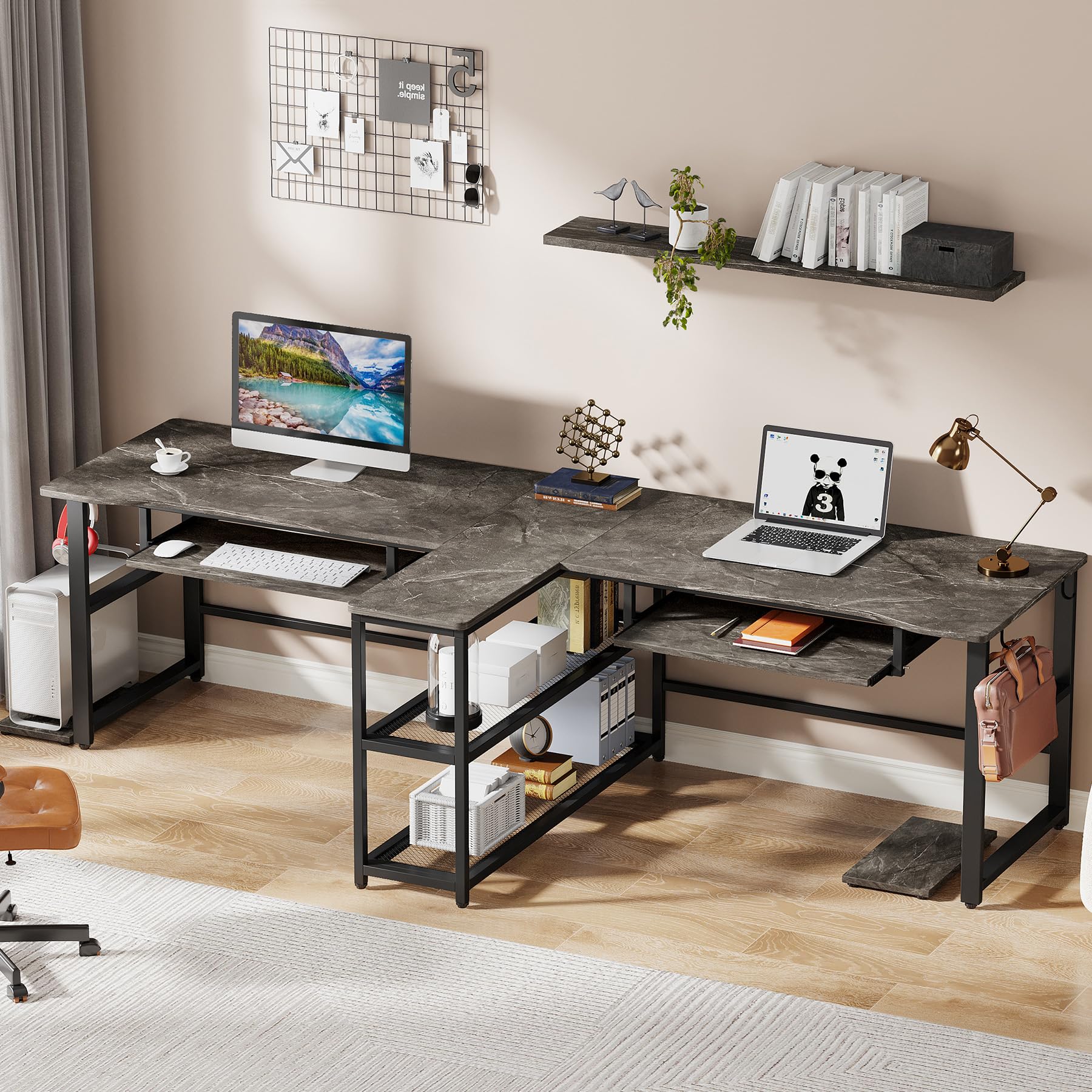 Tribesigns 94.5 inch Two Person Desk with Keyboard Tray, Extra Long Home Office Desk with Storage Shelves and Hooks, Double Computer Desk Workstation Study Table for Two People