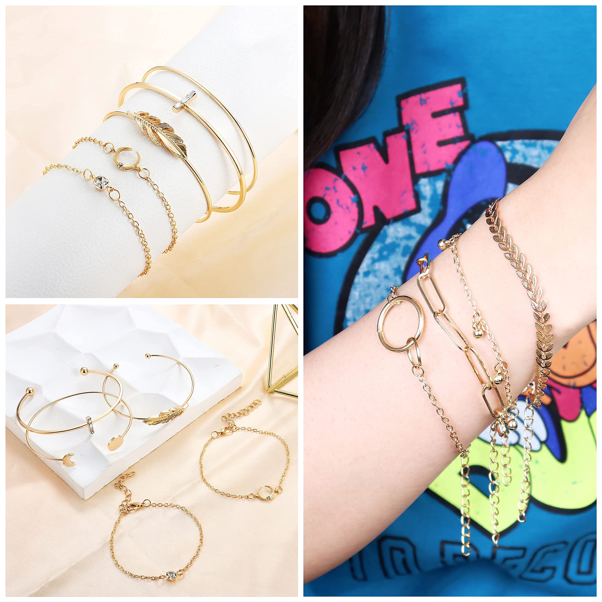 Magitaco 30 PCS (6 PACK) Boho Gold Chain Bracelets Set for Women Multiple Layered Stackable Open Cuff Wrap Bangle Adjustable Fashion Paperclip Link Italian Cuban Jewelry for Women Gift