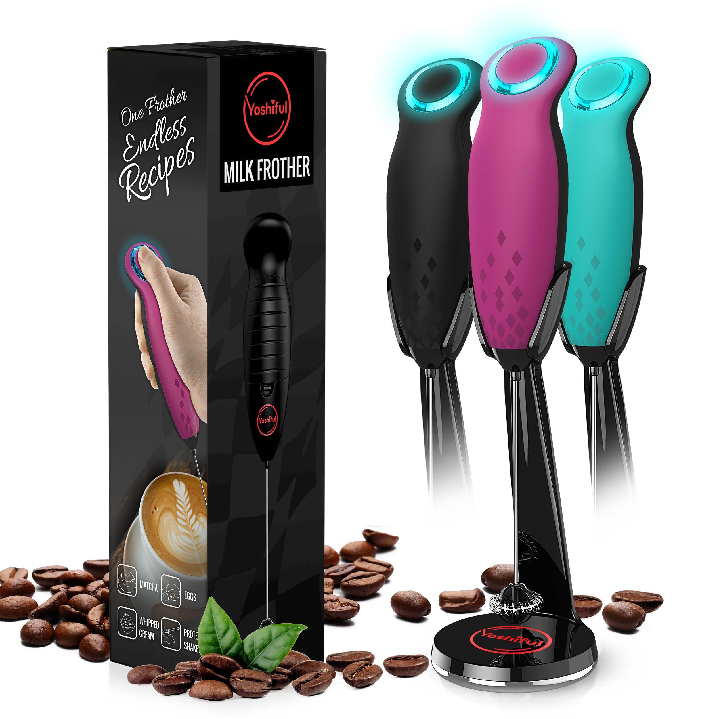 YOSHIFUL Milk Frother for Coffee with Deluxe Stand - Coffee Frother Handheld Foam Maker for Lattes - Turbine Whisk Drink Mixer Handheld - Frother Wand Stirrers Electric for Cappuccino, Matcha (Pink)