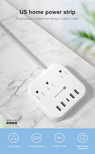 Power Strip, 3 Outlets, 4 USB Charging Ports, 1 USB-C Port, 5Ft Braided Extension Cord. Wall or Desk. Home Office Travel