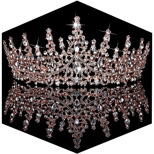 Women Crystal Wedding Tiara Princess Crown Rhinestone Tiaras, Royal Queen design, perfect for Bridal, anniversaries, birthday, Halloween Cos-play costume Christmas, party hair accessorie for girl Prom (Rose Gold)
