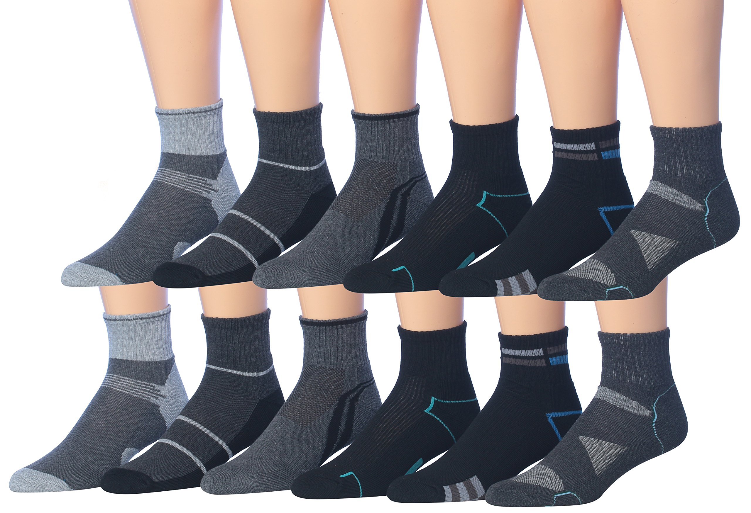 JAMES FIALLO Men's 12 Pack Quarter Athletic Socks Size 10-13, Fits shoe size 6-12, 2794-12