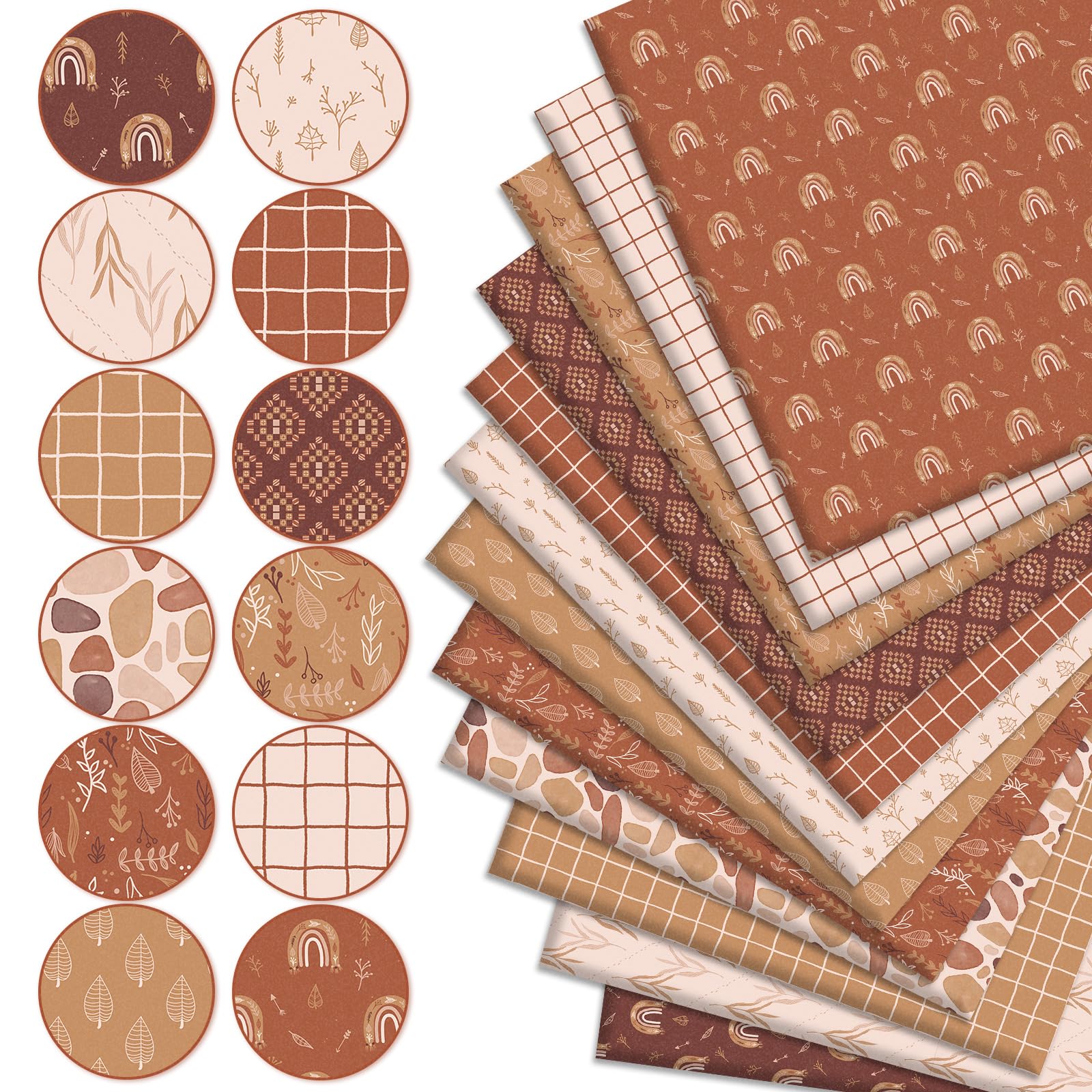 Whaline Terracotta Boho Cotton Fabric Bundles Fall Maple Leaf Plaid Rainbow Printed Fat Quarters Autumn Sewing Fabrics for DIY Handmade Crafting, 18 x 22 Inch