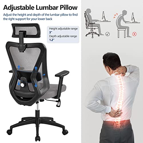 Yaheetech Office Chair Ergonomic Computer Desk Chair with Adjustable Lumbar Support Armrest and Headrest, Swivel Working Study Chair for Home Office, Light Grey