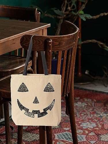 shop4ever Black Jack O' Lantern Pumpkin Face Halloween Trick or Treat Cotton Canvas Tote Reusable Shopping Bag Black HANDLE 1