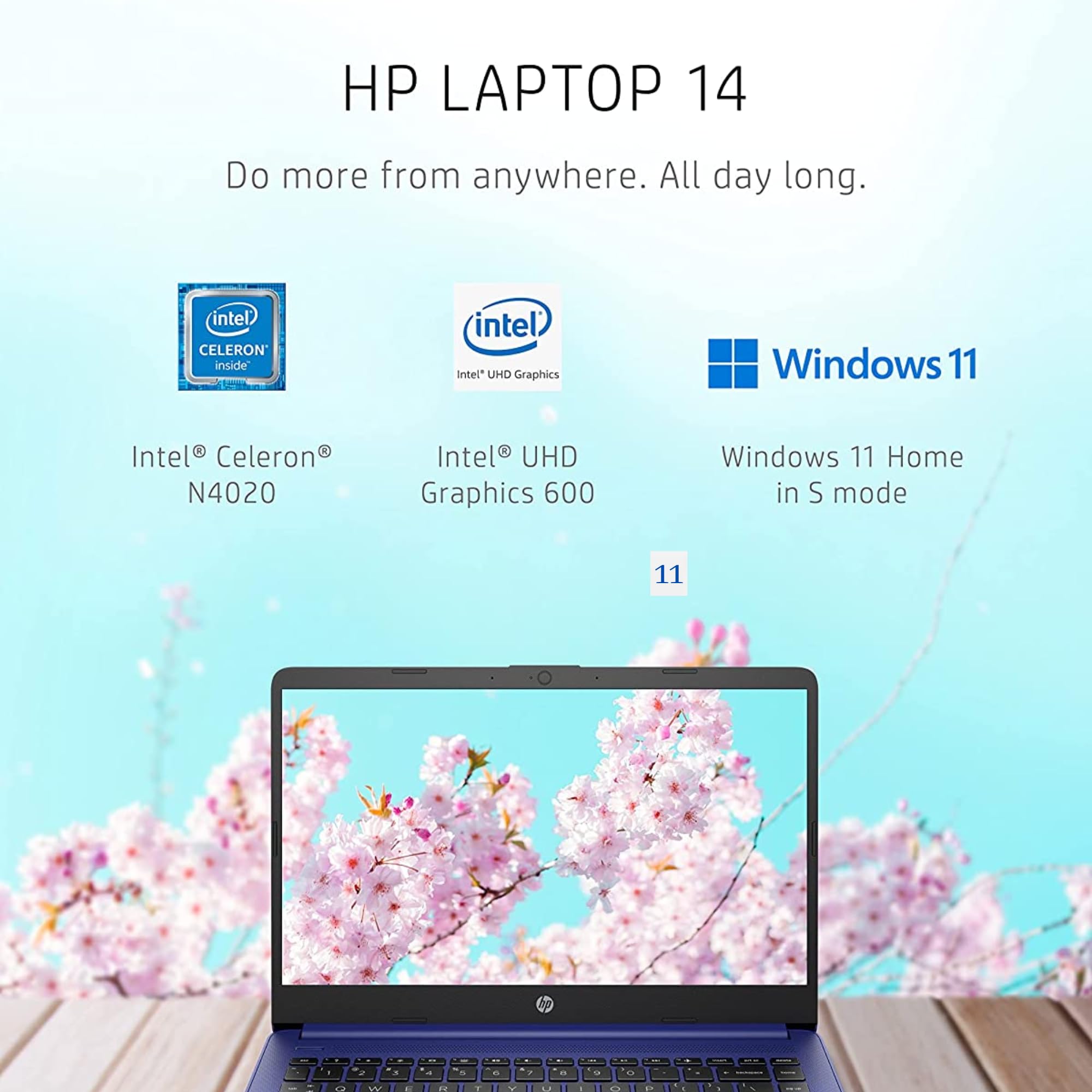hp Stream Laptop, 14" HD Display, Intel Celeron N4020 Processor, 8GB Memory, 128GB Storage (64GB eMMC + 64GB card), 1-Year Office 365, Webcam, HDMI, Wi-Fi, USB-C, Windows 11 Home, Indigo Blue, JVQ MP