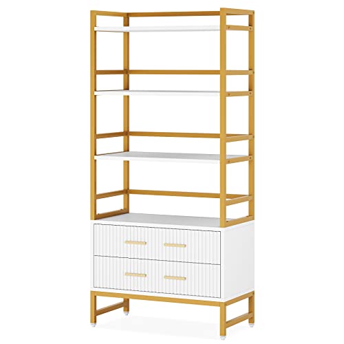 Tribesigns Gold White Bookshelf with 2 Drawers Striped, Tall Ladder Shelf Bookcase with Storage, Modern Bookcases and Book Shelves 4 Shelf Organizer, Metal Wood Book Shelving Unit for Bedroom, Office