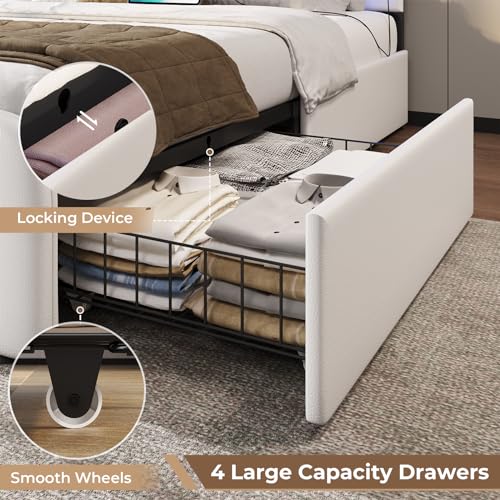 VIAGDO Twin Bed Frames with Storage Drawers and LED Lights, Upholstered Platform Bed Frame Twin Size with Height Adjustable Headboard, 2 USB Ports, No Box Spring Needed, Cream White