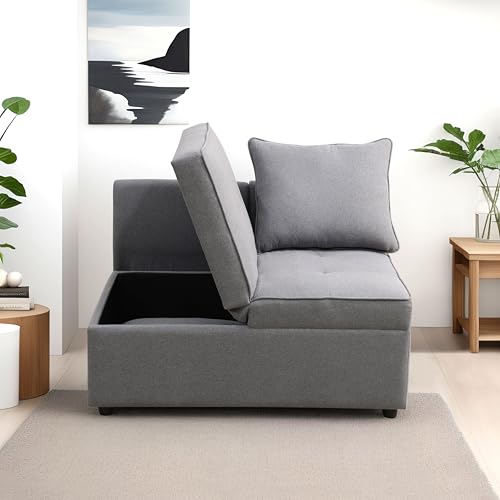 UOCFYK Convertible Ottoman Sofa with Storage, Modern Sackcloth Futon Couch with 2 Pillows Adjustable Backrest, Recliner Folding Loveseat for Living Room, Apartment Dorm, Office,Grey