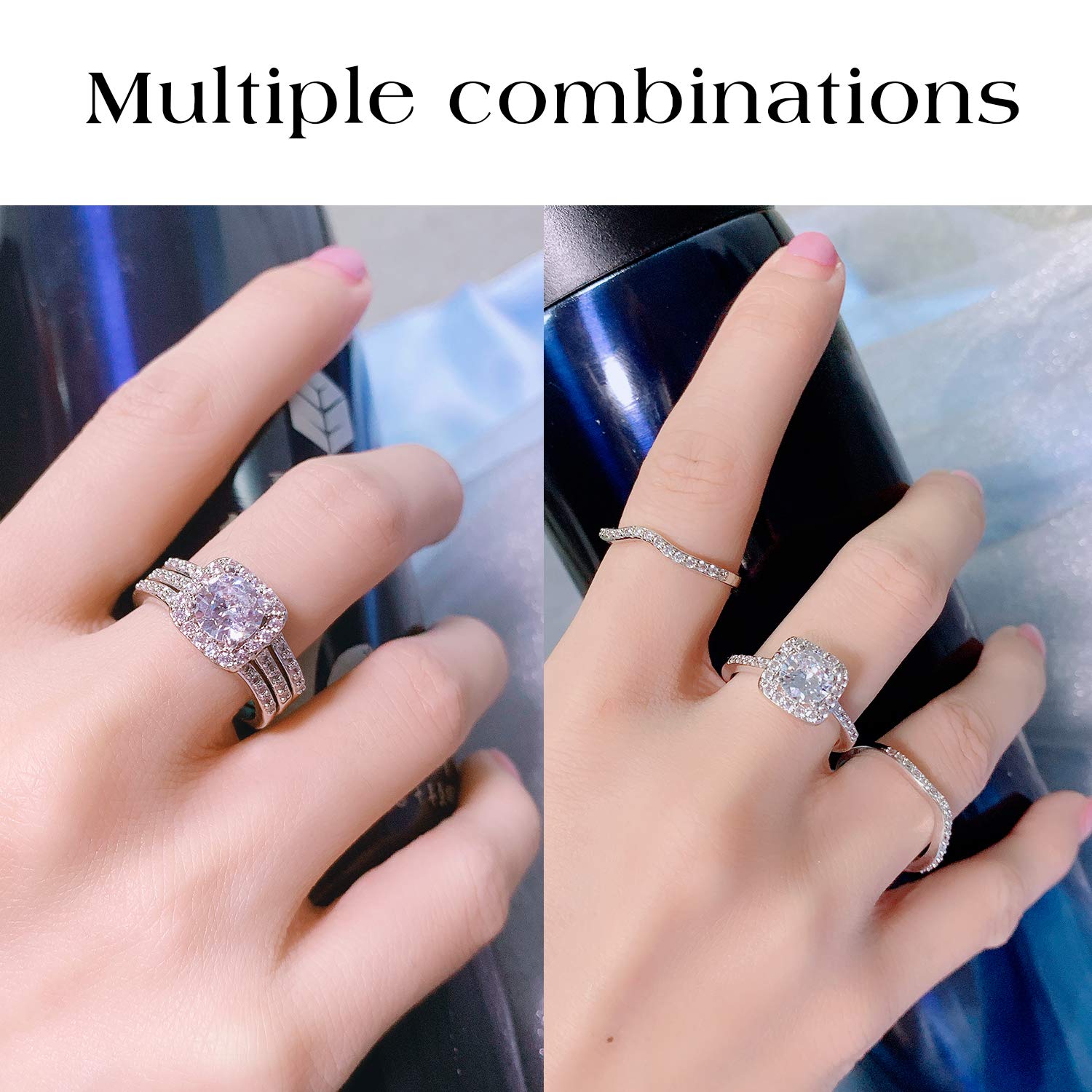 MDFUN 18K White Gold Plated Cubic Zirconia Three-in-One Halo Wedding Engagement Promise Eternity Ring for Women (10)