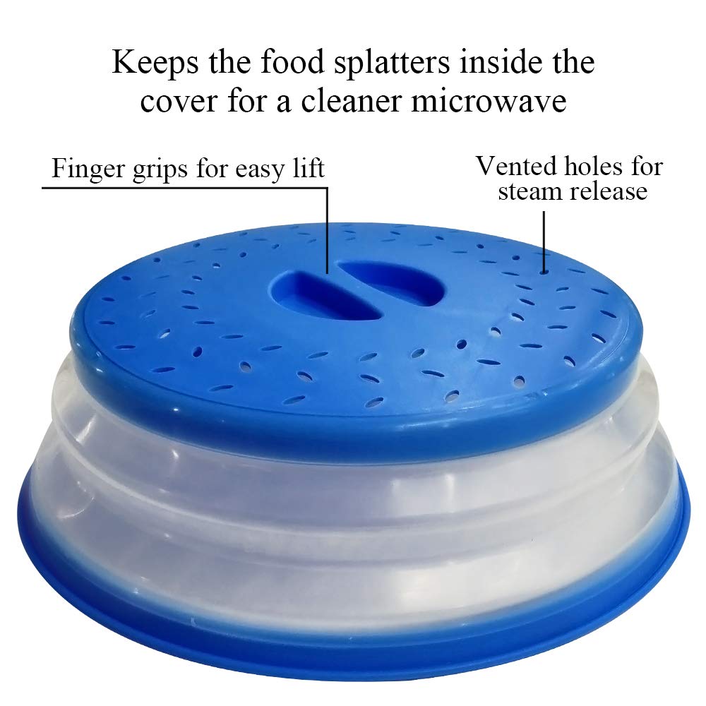 OUZIFISH Microwave Plate Cover 10.5 inch Collapsible Food Plate Lid Cover - BPA Free, Easy Grip, Microwave Plate Guard Lid With Steam Vent & Colander Strainer for Fruit (Sky Blue)