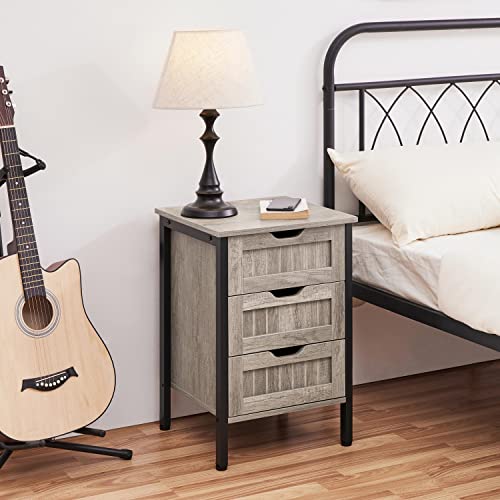 Yaheetech Wood Nightstand, Bedside Table with 3 Drawers, Metal Frame Bedside Cupboard Cabinet Unit Chest of Drawer with Storage Compartments for Bedroom, Gray