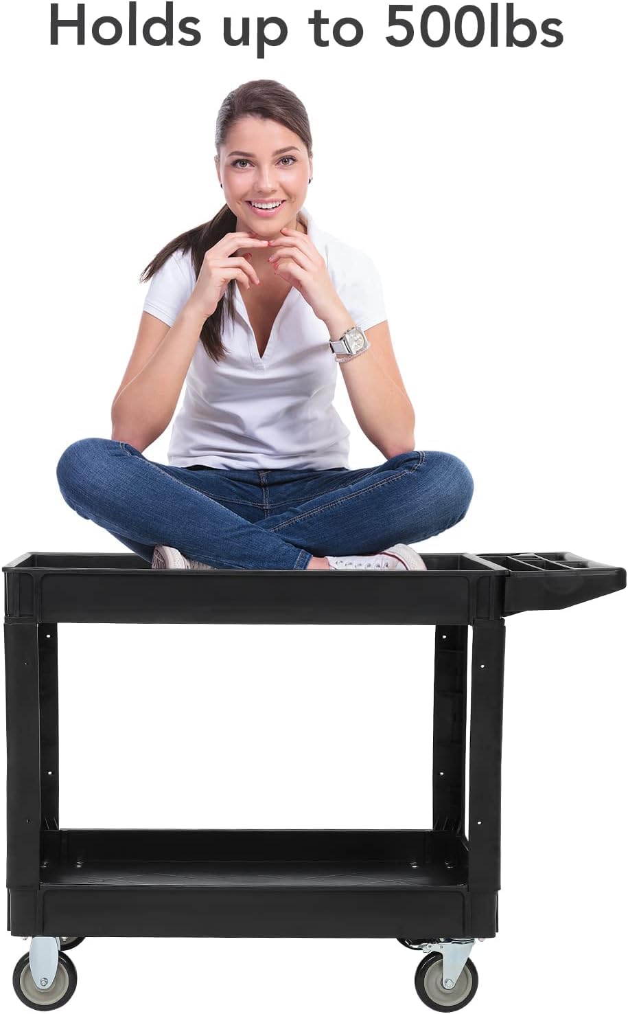 Service Cart 2-Shelf, Storage Handle, 500 lbs Capacity, for Warehouse/Garage/Cleaning/Manufacturing,45"X25"