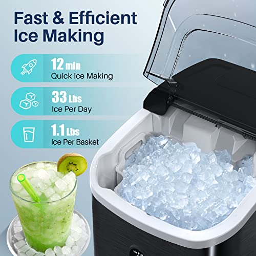 Nugget Ice Maker Countertop, FREE VILLAGE Pebble Ice Maker Machine, 33Lbs/Day, Self-Cleaning & Quiet, Portable Ice Machine with 1.2Qt Water Reservoir, Ice Scoop and Basket for Home Office Party RV